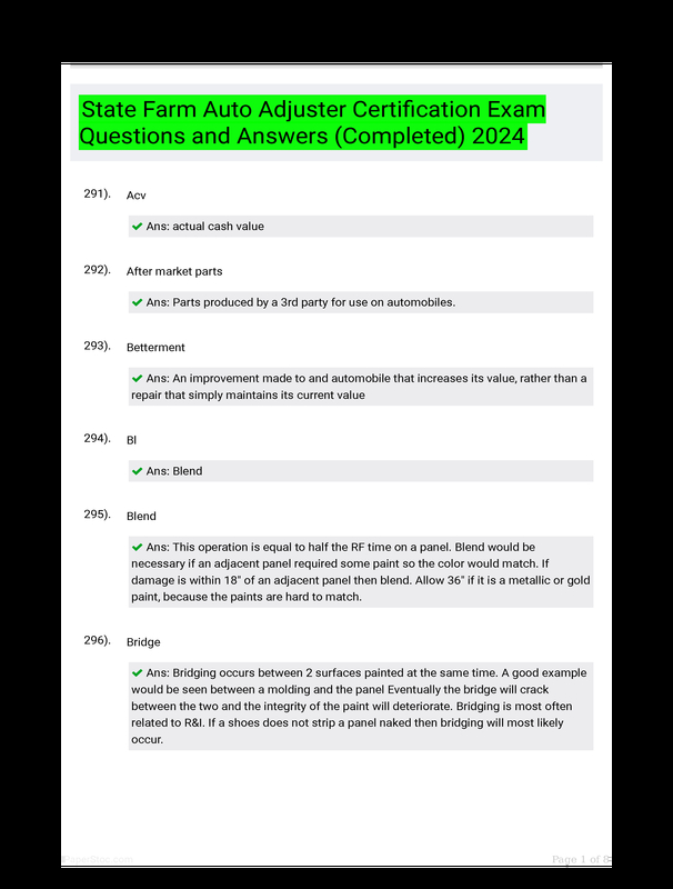 State Farm Auto Adjuster Certification Exam Questions And Answers ...