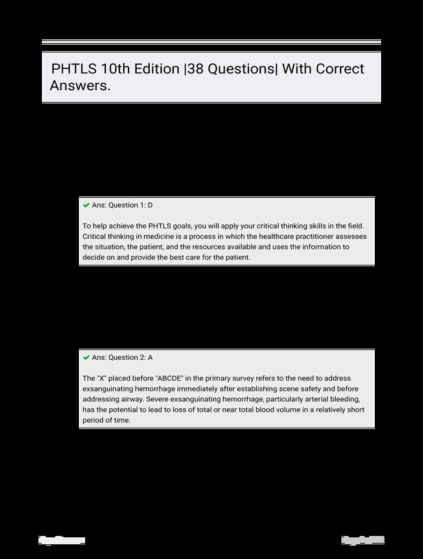 PHTLS 10th Edition |38 Questions| With Correct Answers.