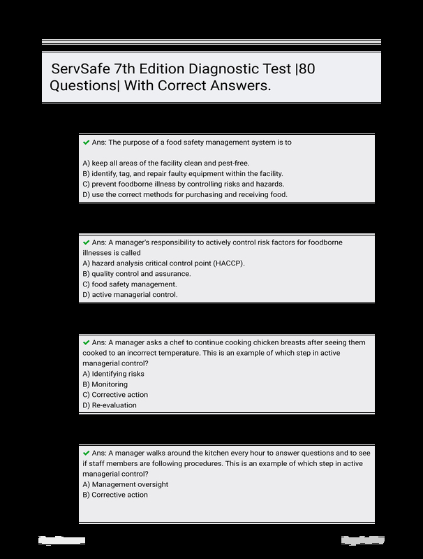 ServSafe 7th Edition Diagnostic Test |80 Questions| With Correct Answers.