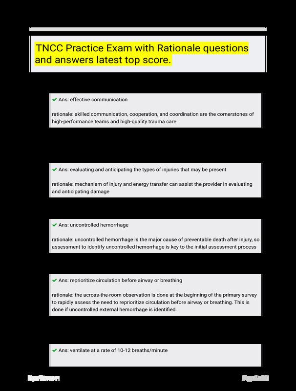 TNCC Practice Exam With Rationale Questions And Answers Latest Top Score.