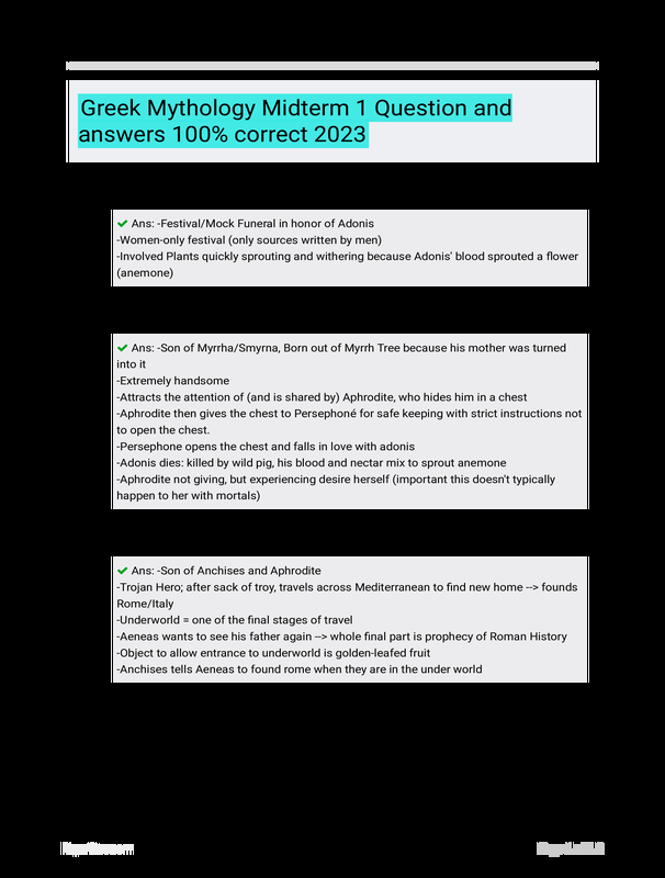 Greek Mythology Midterm 1 Question And Answers 100% Correct 2023