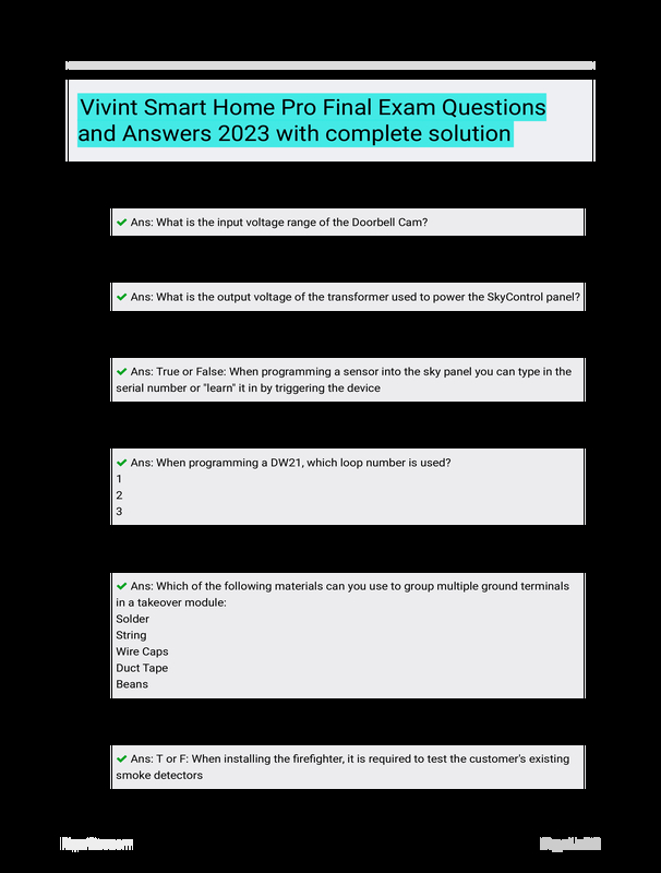 Vivint Smart Home Pro Final Exam Questions And Answers 2023 With Complete Solution