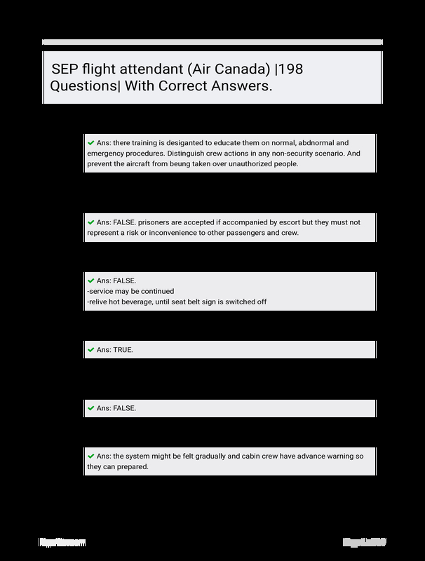 SEP Flight Attendant (Air Canada) |198 Questions| With Correct Answers.