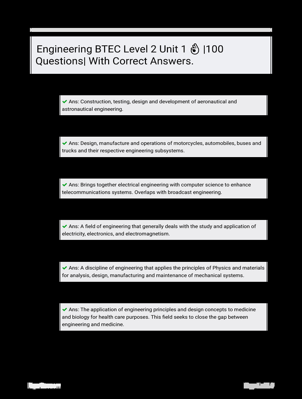 Engineering BTEC Level 2 Unit 1 ð |100 Questions| With Correct Answers.