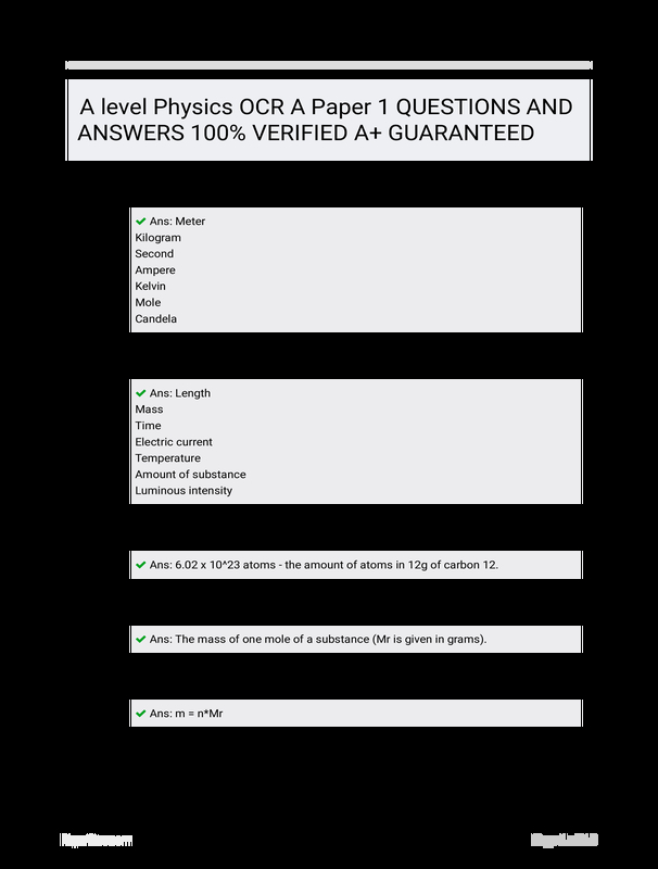 A Level Physics OCR A Paper 1 QUESTIONS AND ANSWERS 100% VERIFIED A+ ...