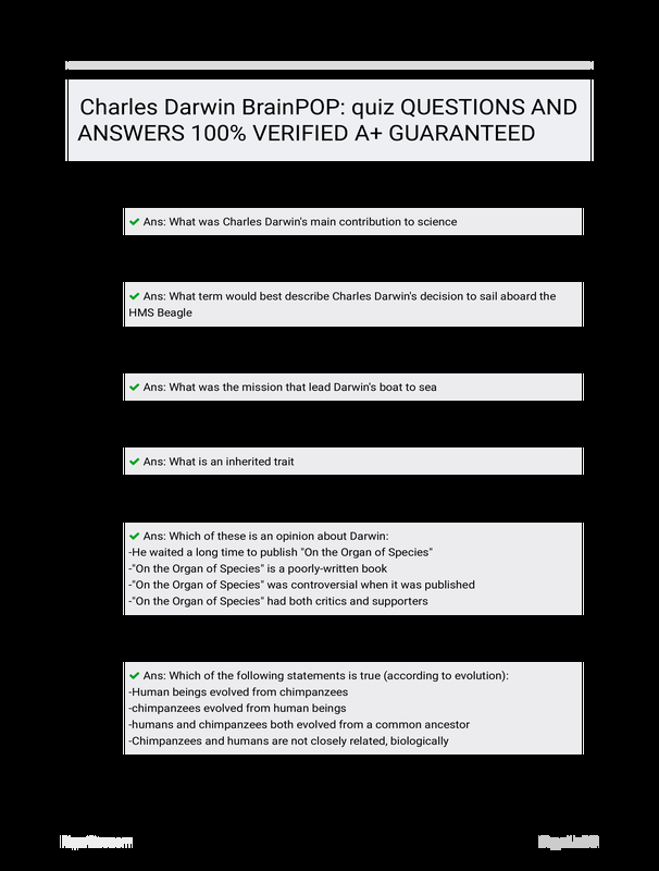 Charles Darwin BrainPOP: Quiz QUESTIONS AND ANSWERS 100% VERIFIED A+ ...