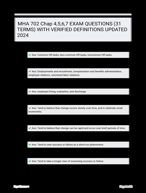 MHA 702 Chap 4,5,6,7 EXAM QUESTIONS (31 TERMS) WITH VERIFIED ...