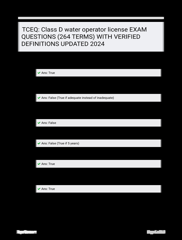 TCEQ: Class D Water Operator License EXAM QUESTIONS (264 TERMS) WITH ...