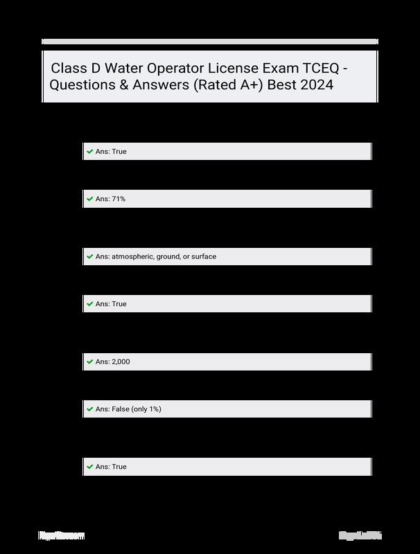 Class D Water Operator License Exam TCEQ - Questions & Answers (Rated ...