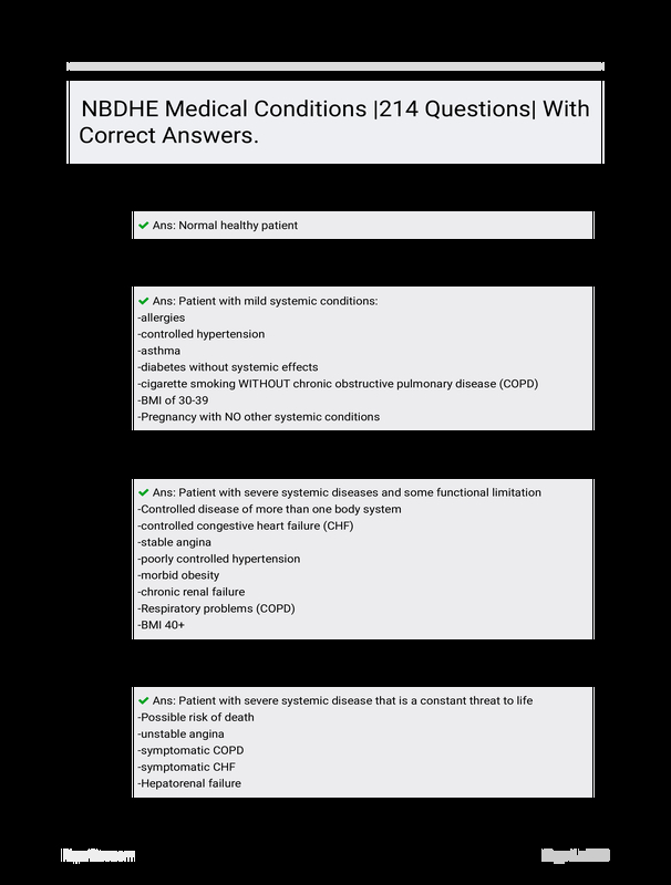 NBDHE Medical Conditions |214 Questions| With Correct Answers.