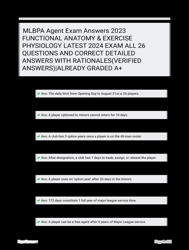 MLBPA Agent Exam Answers 2023 FUNCTIONAL ANATOMY & EXERCISE PHYSIOLOGY ...