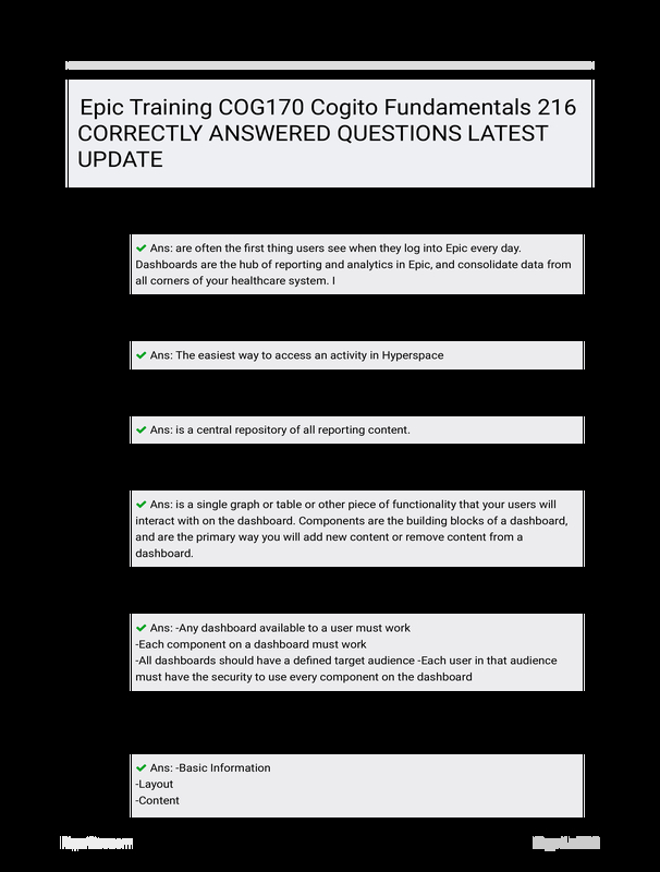 Epic Training COG170 Cogito Fundamentals 216 CORRECTLY ANSWERED ...