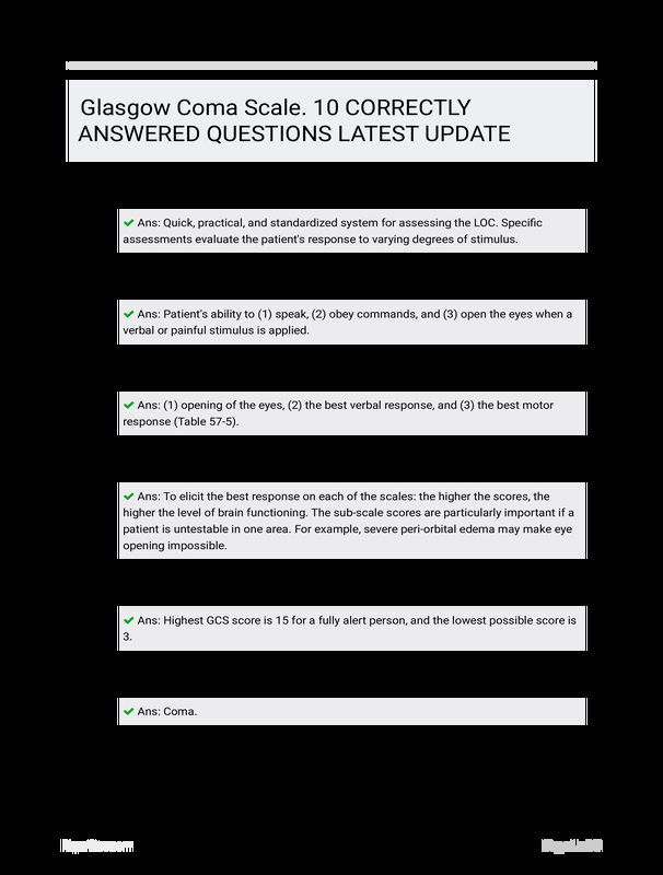 Glasgow Coma Scale. 10 CORRECTLY ANSWERED QUESTIONS LATEST UPDATE
