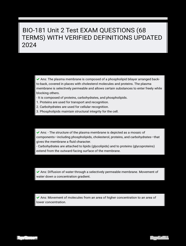BIO-181 Unit 2 Test EXAM QUESTIONS (68 TERMS) WITH VERIFIED DEFINITIONS ...