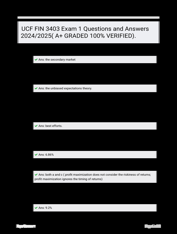 UCF FIN 3403 Exam 1 Questions And Answers 2024/2025( A+ GRADED 100% ...