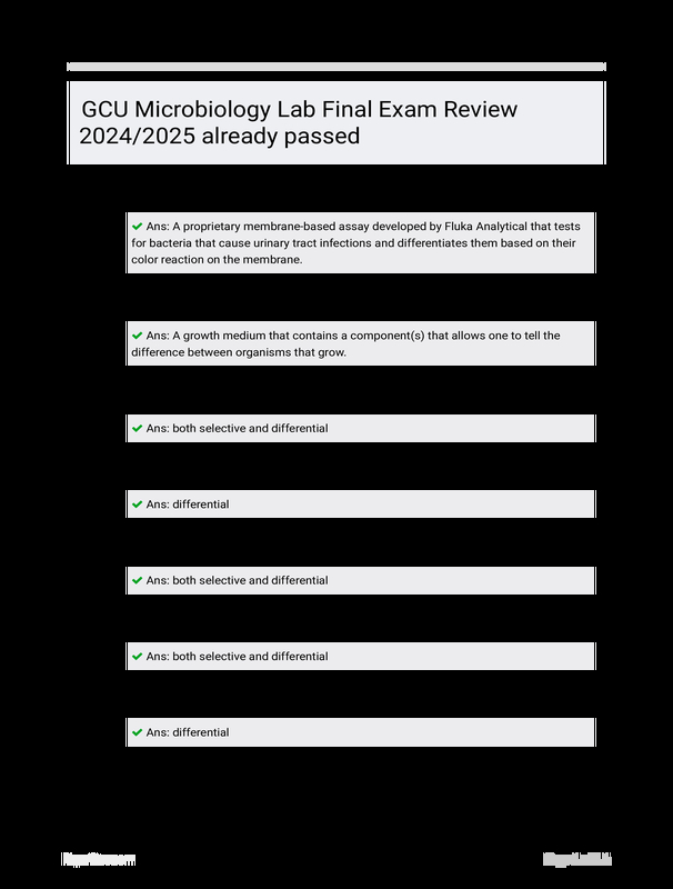 GCU Microbiology Lab Final Exam Review 2024/2025 Already Passed