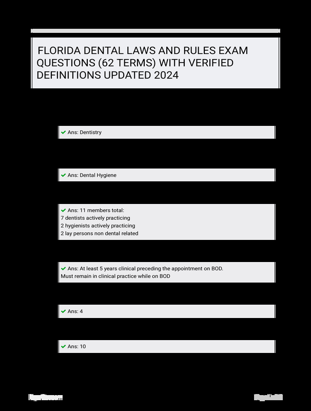 FLORIDA DENTAL LAWS AND RULES EXAM QUESTIONS (62 TERMS) WITH VERIFIED ...