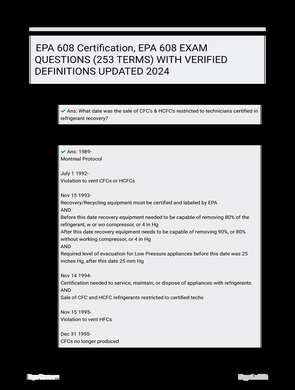 EPA 608 Certification, EPA 608 EXAM QUESTIONS (253 TERMS) WITH VERIFIED ...