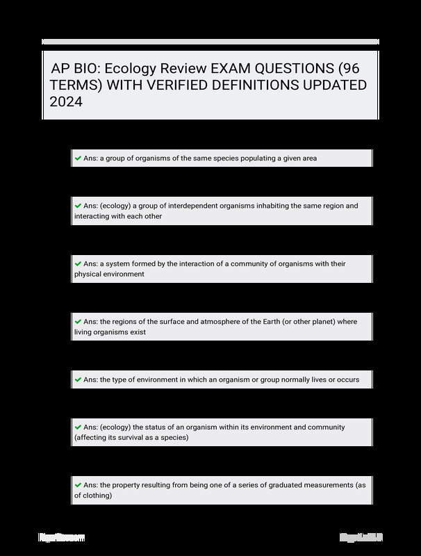 AP BIO: Ecology Review EXAM QUESTIONS (96 TERMS) WITH VERIFIED ...