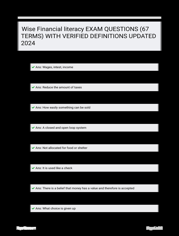 Wise Financial Literacy EXAM QUESTIONS (67 TERMS) WITH VERIFIED ...