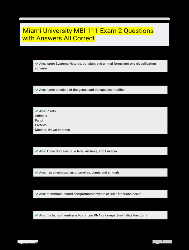 Miami University MBI 111 Exam 2 Questions With Answers All Correct